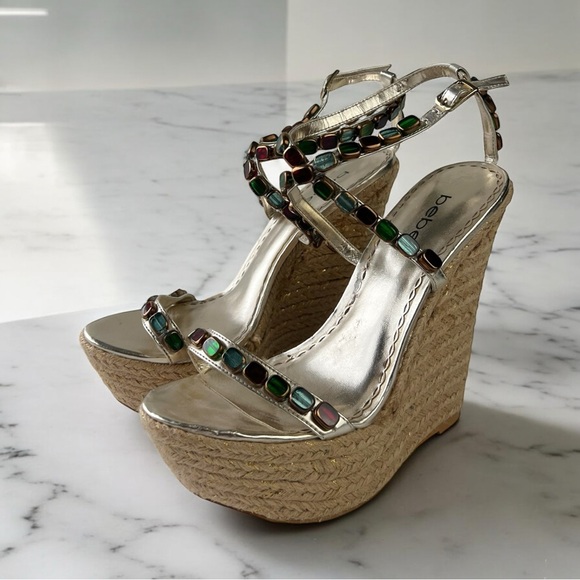 bebe | Shoes | Bebe Gold Jeweled Wedge Espadrille Sandals | Poshmark